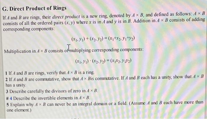 Solved G. Direct Product of Rings If A and B are rings, | Chegg.com