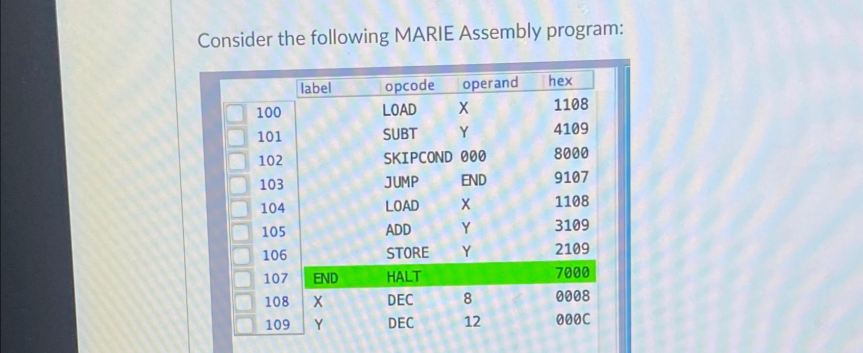 Solved Consider the following MARIE Assembly | Chegg.com