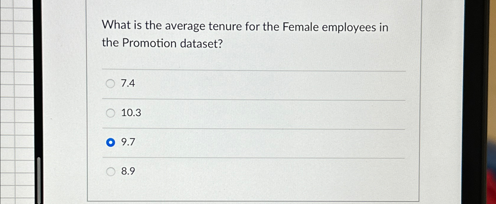 Solved What is the average tenure for the Female employees | Chegg.com