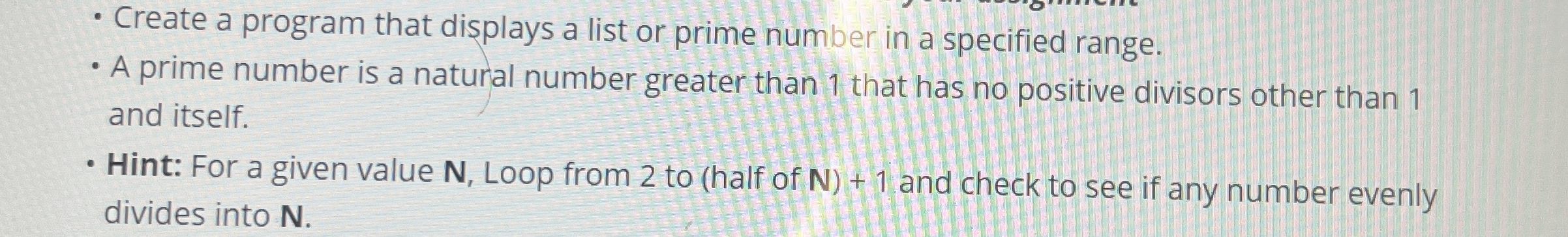 Solved Create a program that displays a list or prime number | Chegg.com
