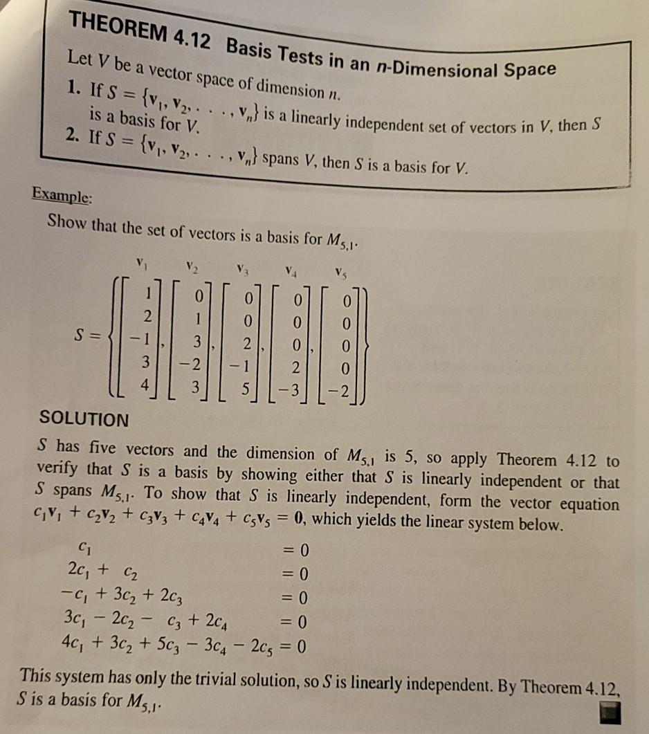 Solved THEOREM 4.12 Basis Tests in an n-Dimensional Space | Chegg.com