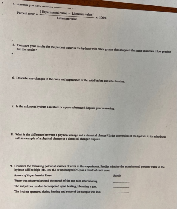 Solved Percent Water In A Hydrate Data Table Unknown