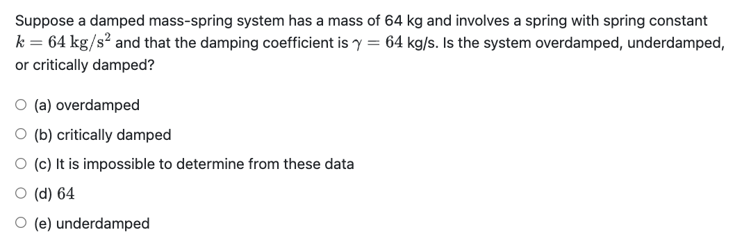 Solved Suppose A Damped Mass Spring System Has A Mass Of
