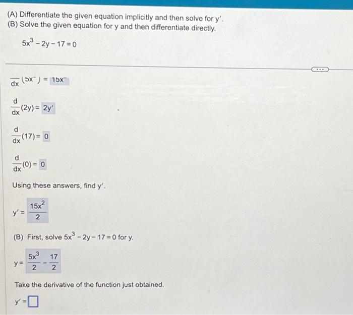 Solved (A) Differentiate the given equation implicitly and | Chegg.com