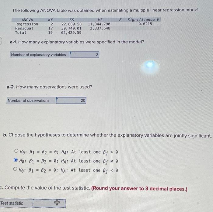 Solved The following ANOVA table was obtained when | Chegg.com