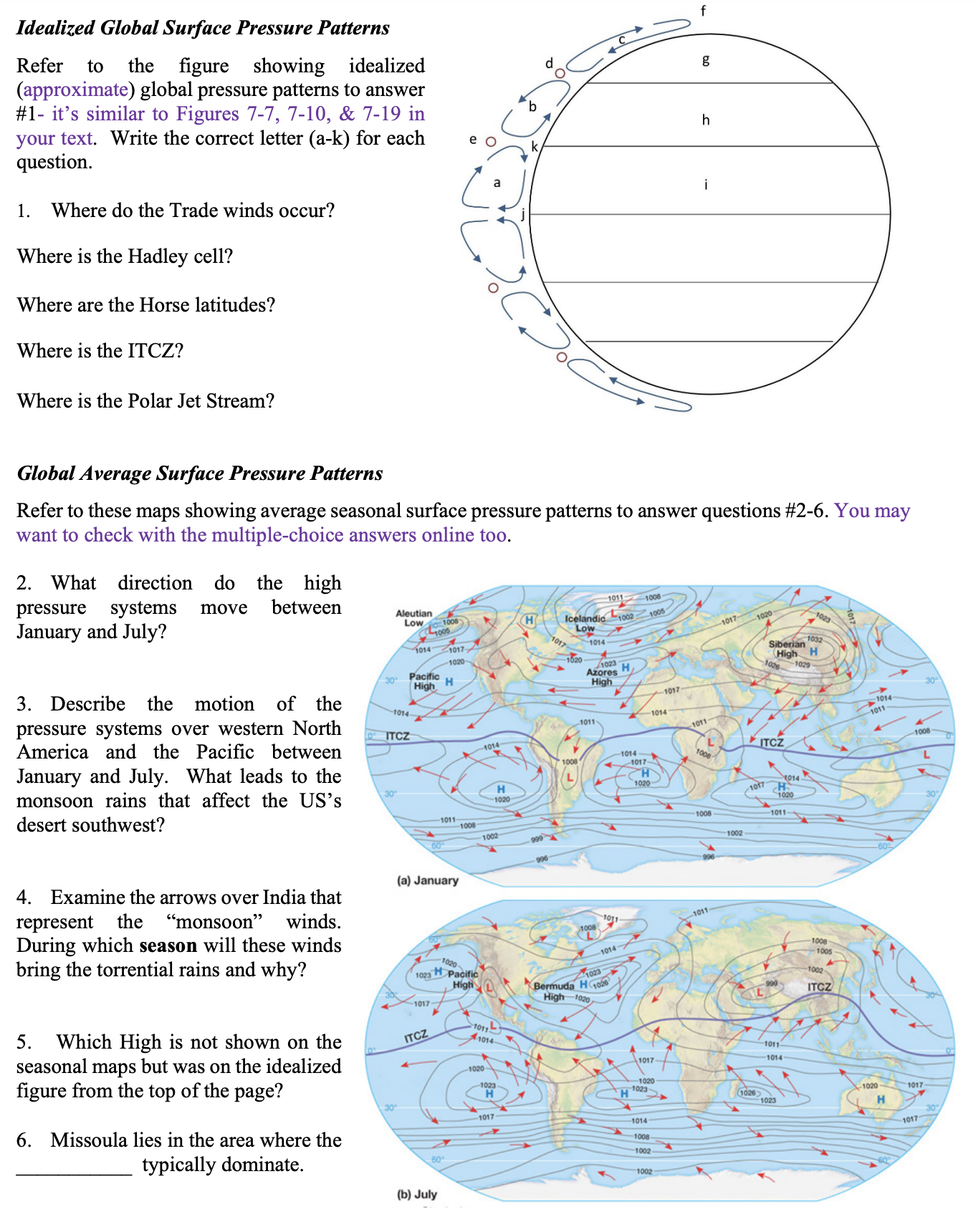 Idealized Global Surface Pressure PatternsRefer to | Chegg.com
