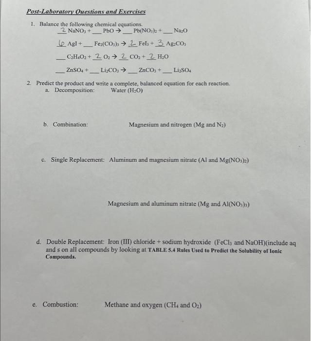 Solved Post-Laboratory Questions and Exercises 1. Balance | Chegg.com