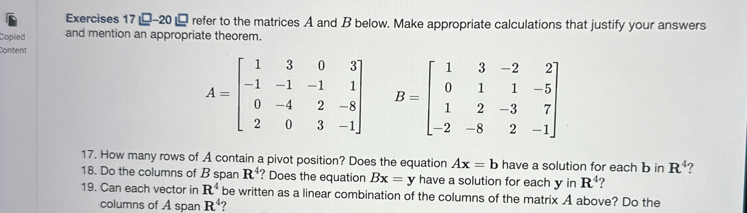 Solved Exercises 17-20 ﻿refer to the matrices A and B | Chegg.com