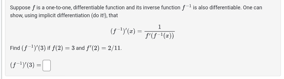 Solved Suppose f ﻿is a one-to-one, differentiable function | Chegg.com