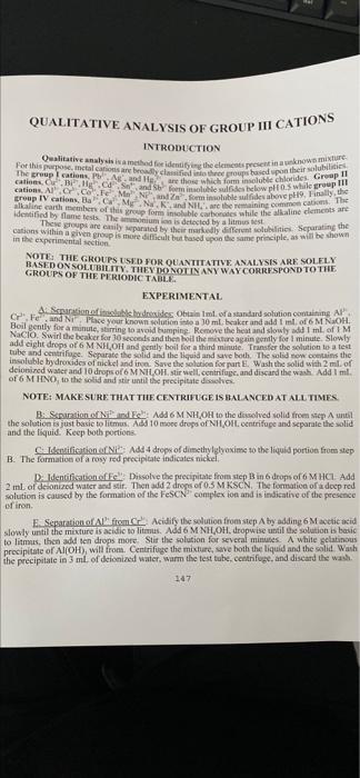 Solved QUALITATIVE ANALYSIS OF GROUP III CATIONS | Chegg.com