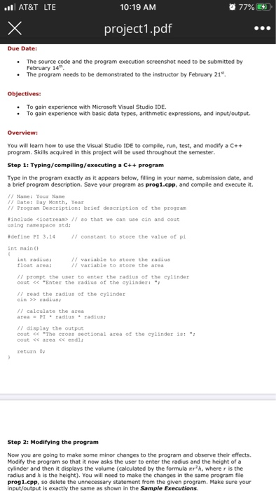 Solved . AT&T LTE 10:19 AM 77% 22 project1.pdf Due Date: • • | Chegg.com