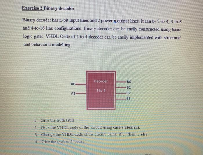 Solved Exercise 2 Binary decoder Binary decoder has n-bit | Chegg.com