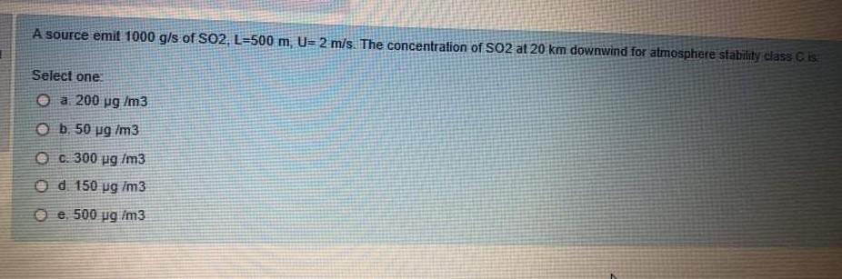 Solved A source emit 200 g/s of SO2,H=150 m,U=3 m/s. The | Chegg.com