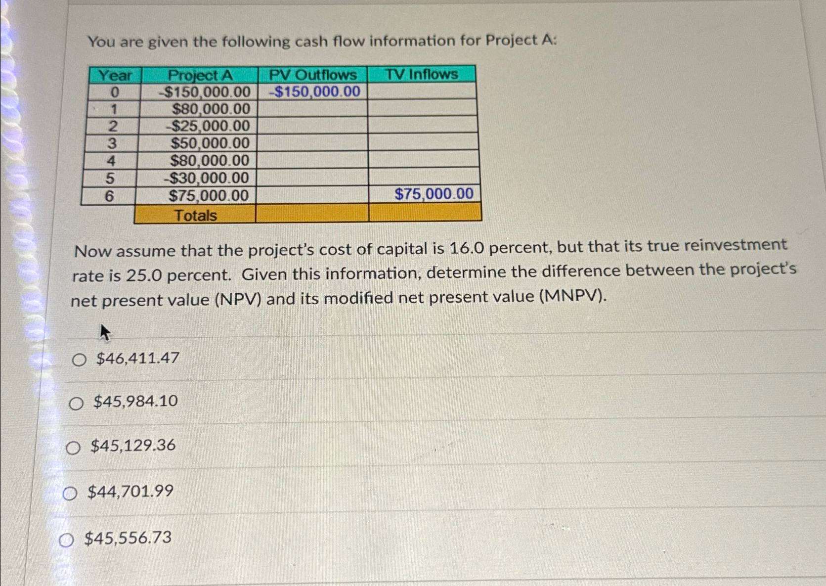 Solved You are given the following cash flow information for | Chegg.com