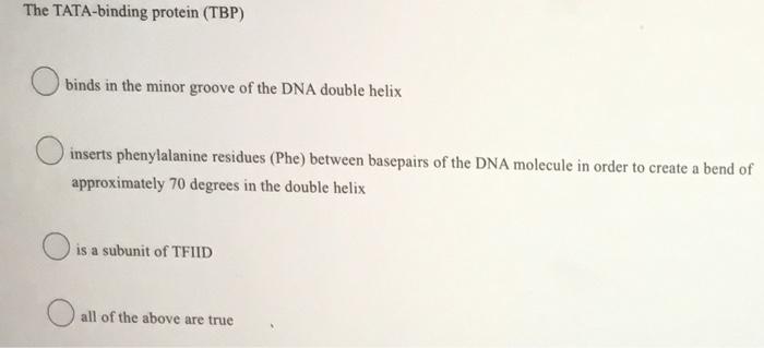 Solved The TATA-binding protein (TBP) binds in the minor | Chegg.com