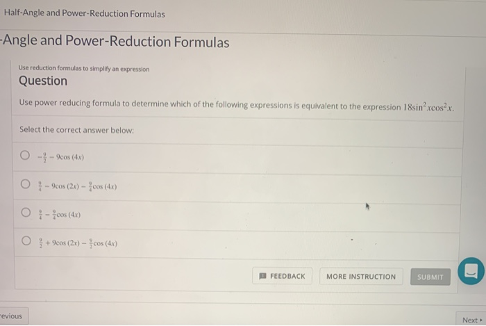 Solved Half-Angle and Power-Reduction Formulas -Angle and | Chegg.com