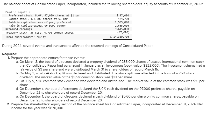 The balance sheet of Consolidated Paper, | Chegg.com