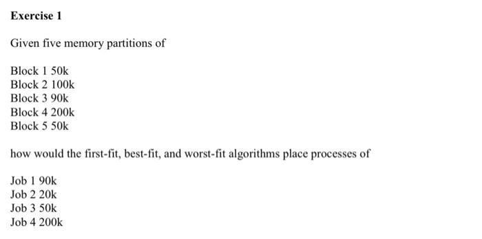 Solved Exercise 1 Given five memory partitions of Block 1 | Chegg.com