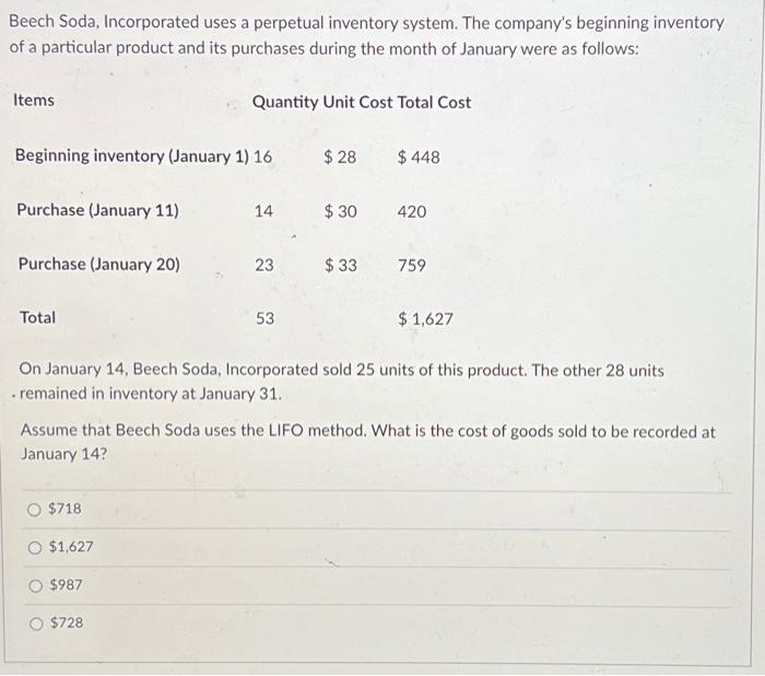 Solved Beech Soda, Incorporated uses a perpetual inventory | Chegg.com