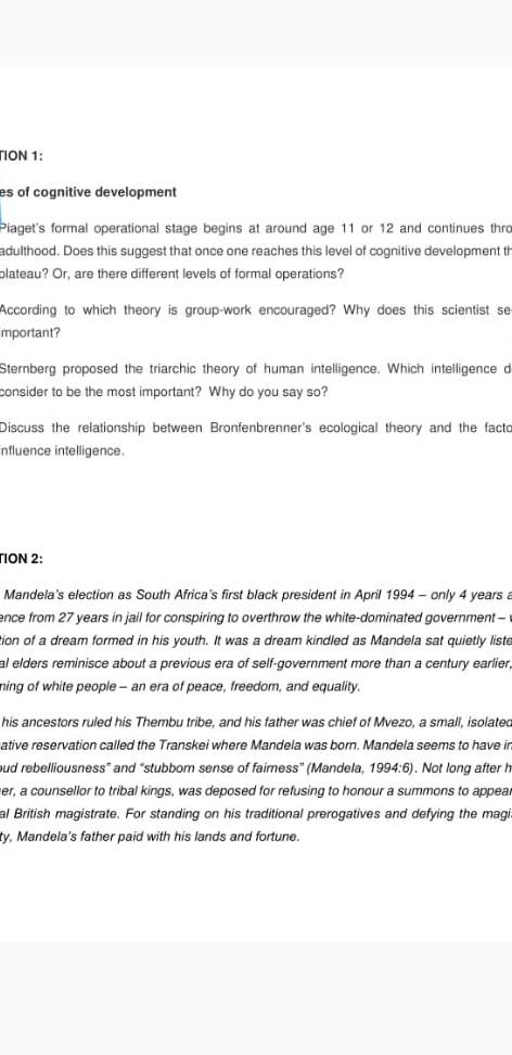 TION 1: es of cognitive development Piaget's formal | Chegg.com