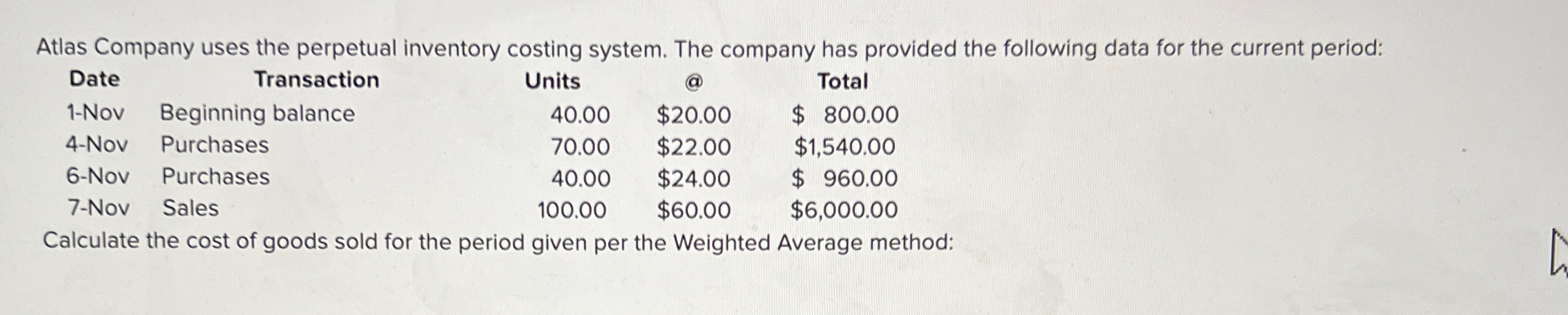 Solved Atlas Company uses the perpetual inventory costing | Chegg.com