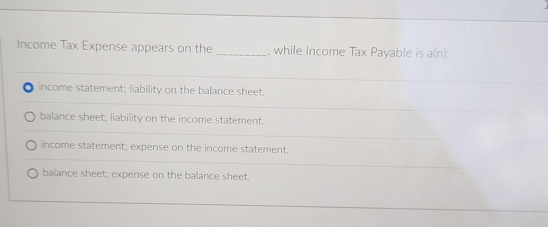 Solved Income Tax Expense appears on the , while Income Tax | Chegg.com