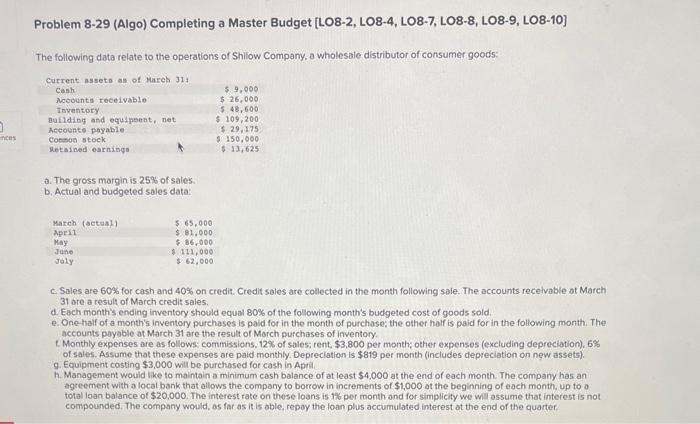 Solved Problem 8-29 (Algo) Completing a Master Budget | Chegg.com