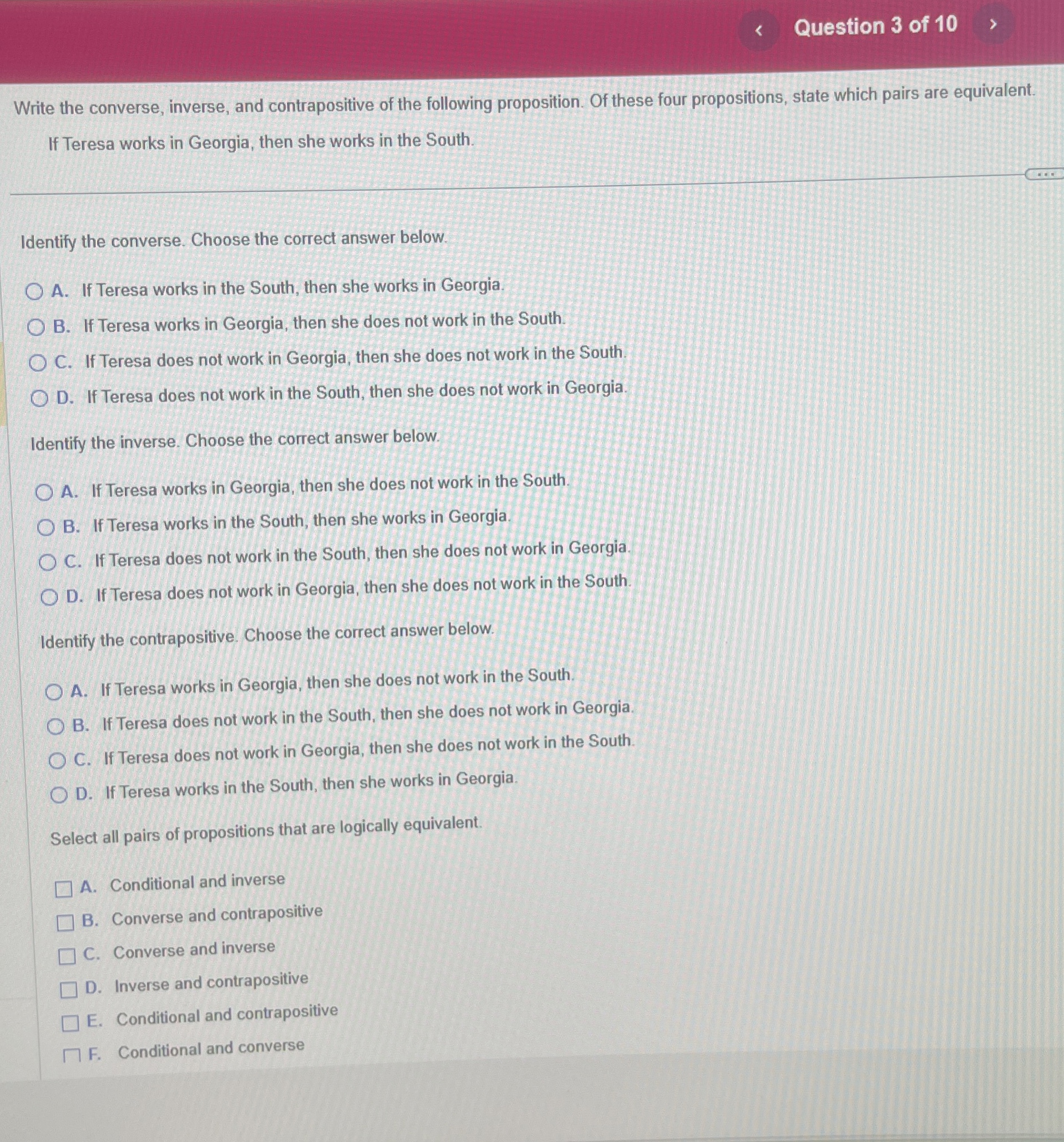 Solved Question 3 ﻿of 10Write the converse, inverse, and | Chegg.com