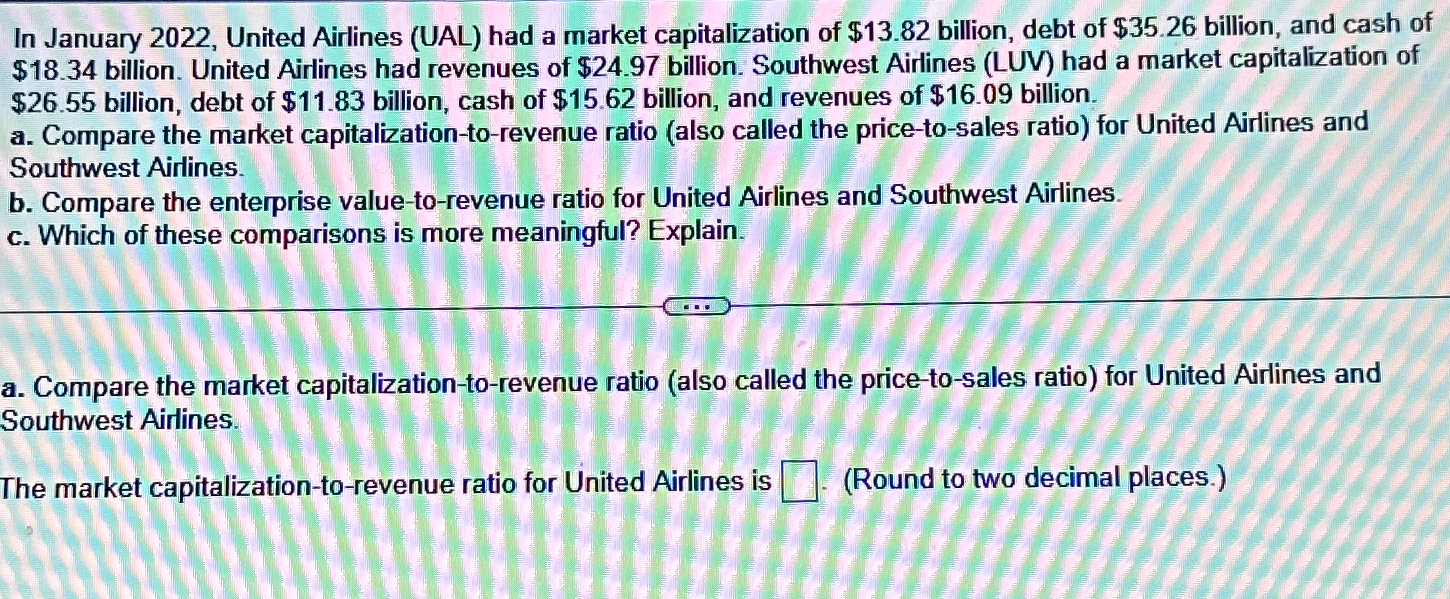 Solved In January 2022, ﻿United Airlines (UAL) ﻿had a market | Chegg.com