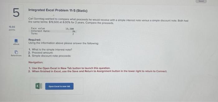 Solved Integrated Excel Problem 11−5 (Static) Carl Sonntag | Chegg.com