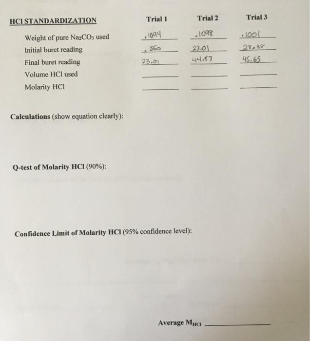 Solved HCI STANDARDIZATION Trial 1 Trial 2 Trial 3 . 1094 | Chegg.com