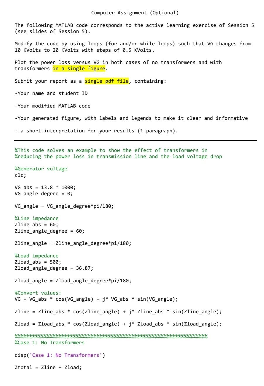 Computer Assignment (Optional) The following MATLAB | Chegg.com