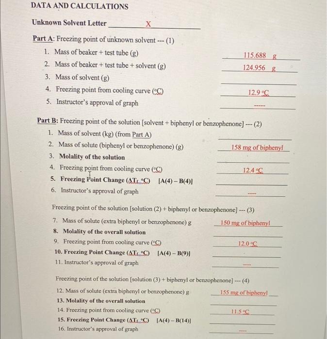 Solved DATA AND CALCULATIONS Unknown Solvent Letter X Part | Chegg.com