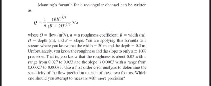 Solved Manning's formula for a rectangular channel can be | Chegg.com