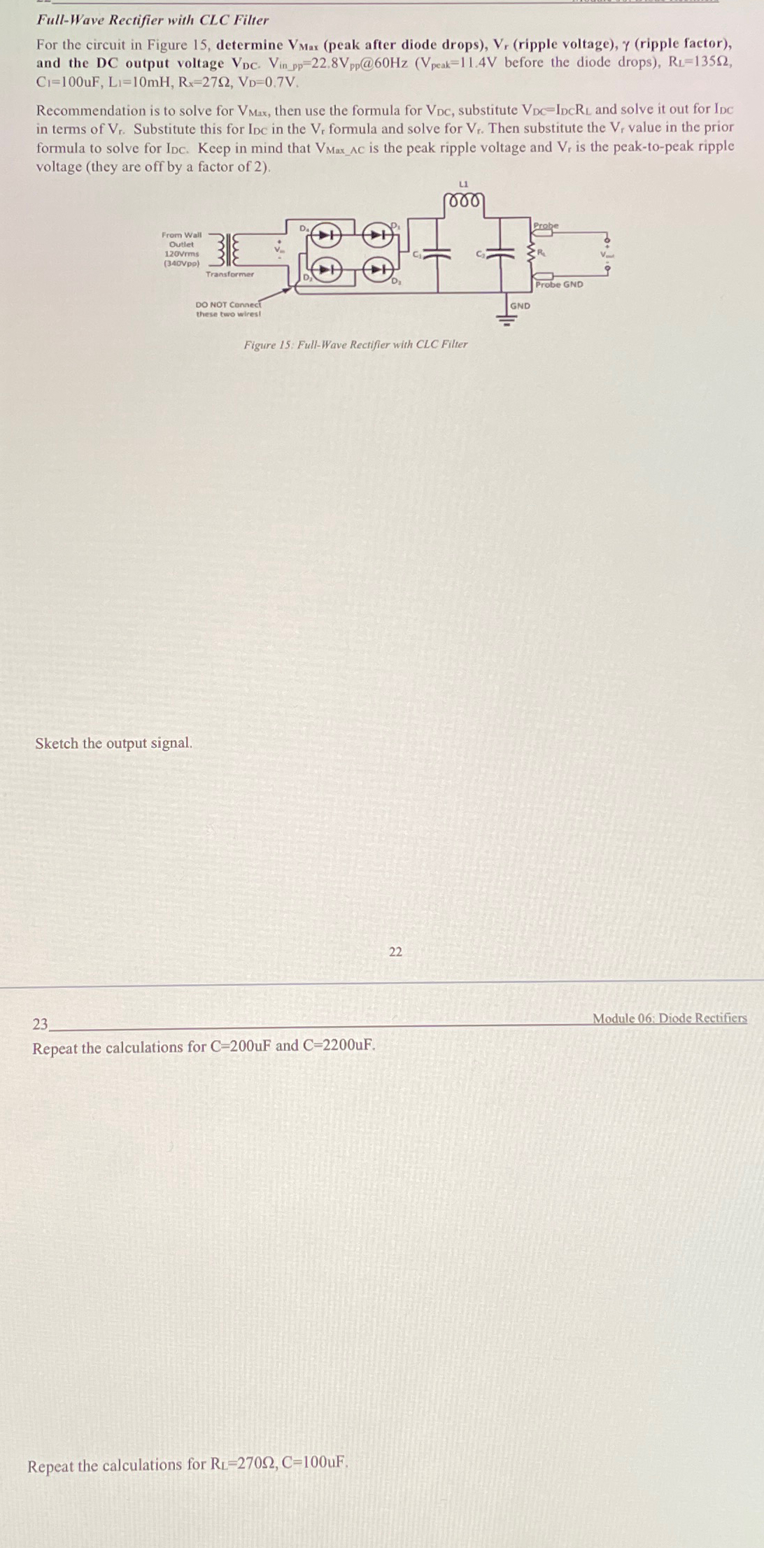 Solved Full-Wave Rectifier with CLC FilterFor the circuit in | Chegg.com