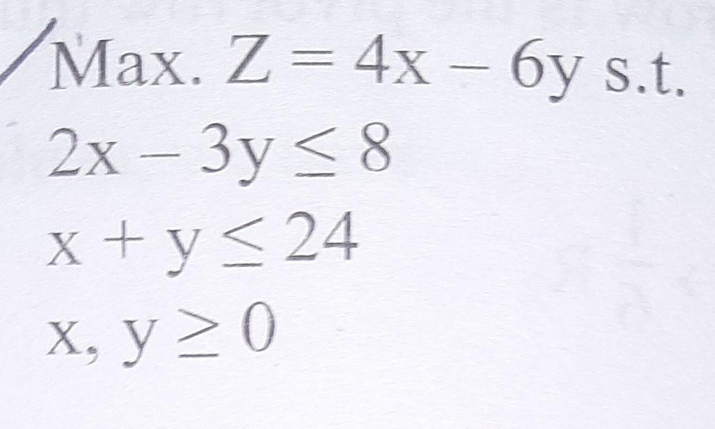 Solved Max Z 4x−6y S T 2x−3y≤8 X Y≤24 X Y≥0