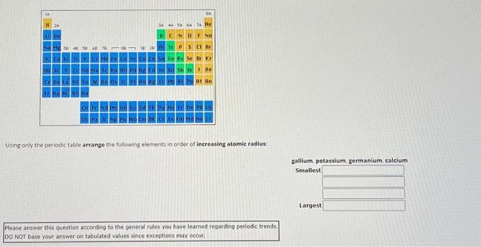 Solved Using only the periodic table arrange the following | Chegg.com