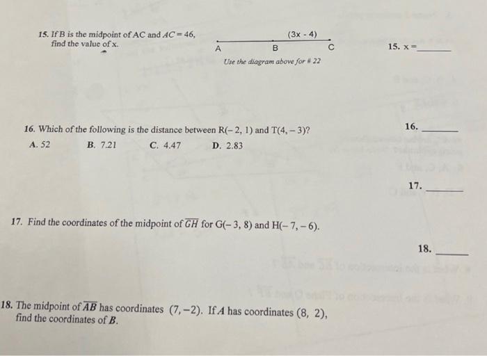 Solved 15. If B is the midpoint of AC and AC=46, find the | Chegg.com