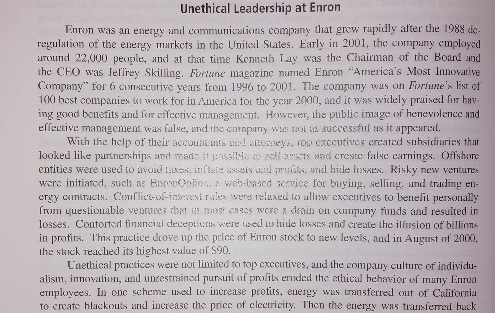Solved Unethical Leadership at Enron Enron was an energy and | Chegg.com