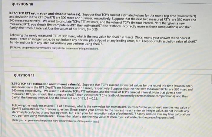 Solved Question 10 3 07 1 Tcp Rtt Estimation And Timeout