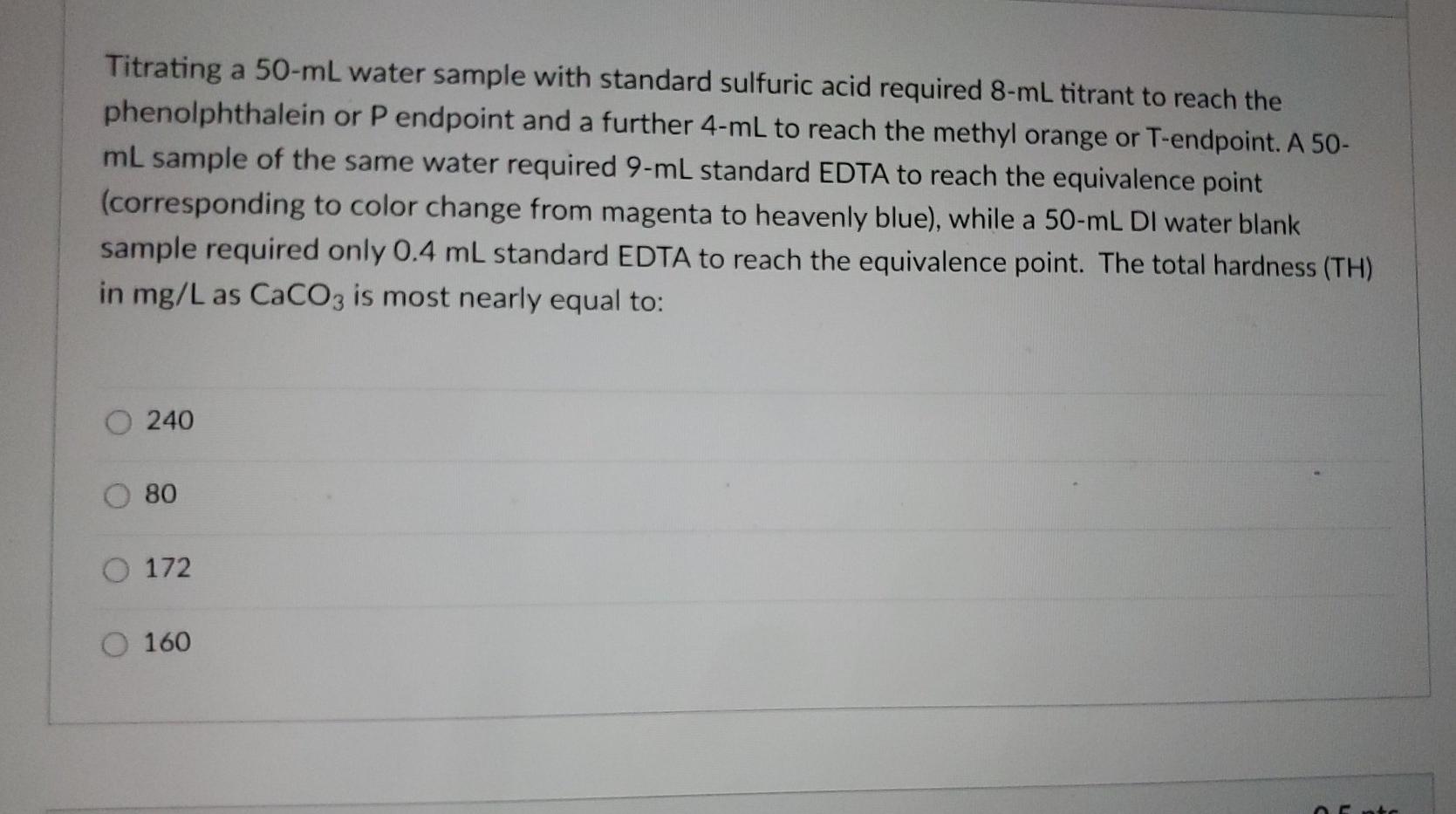 Solved Titrating a 50-ml water sample with standard sulfuric | Chegg.com