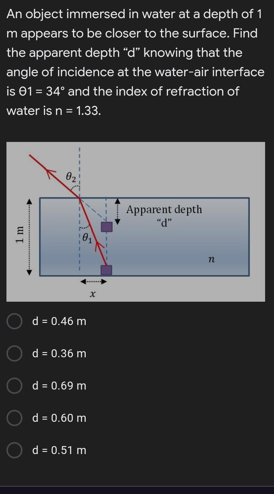 Solved An object immersed in water at a depth of 1 m appears | Chegg.com