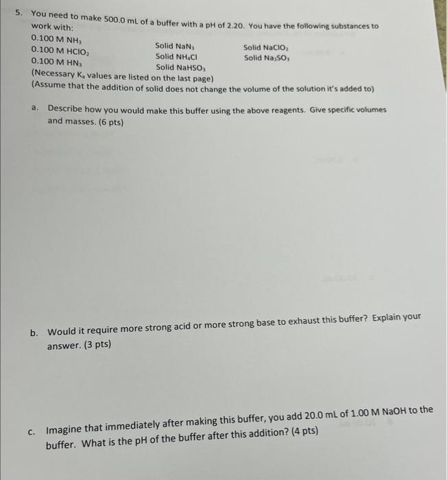 Solved 5. You need to make 500.0 mL of a buffer with a pH of | Chegg.com
