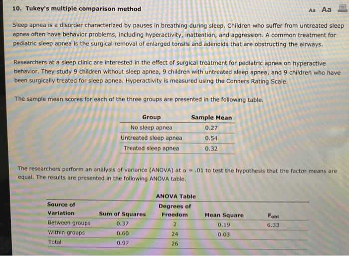 Solved 10. Tukey's multiple comparison method Aa Aa Sleep | Chegg.com