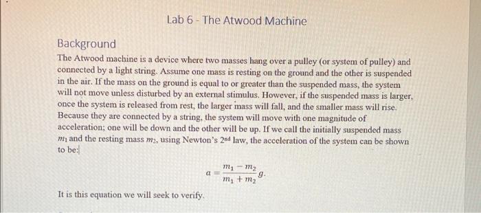 Solved Lab 6- The Atwood Machine Background The Atwood | Chegg.com