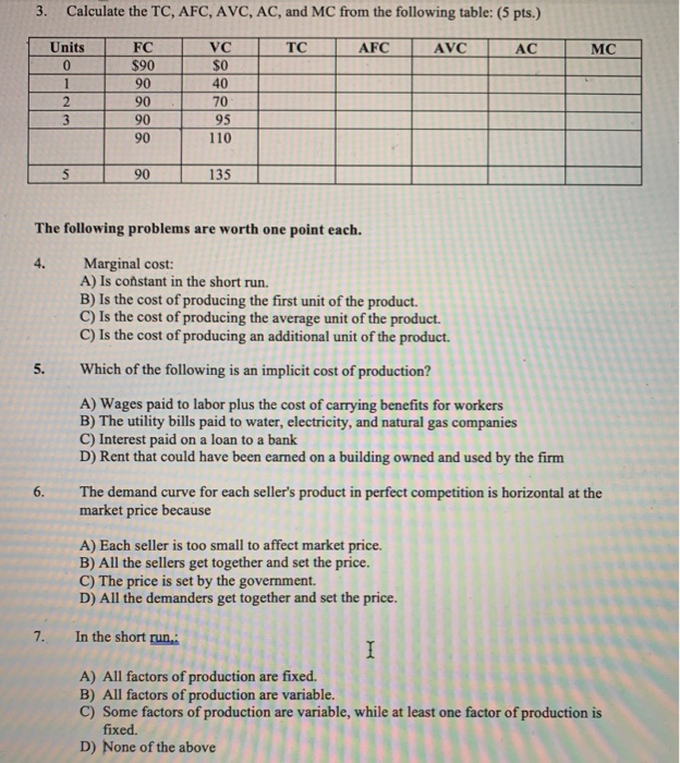 Solved 3. Calculate the TC, AFC, AVC, AC, and MC from the | Chegg.com