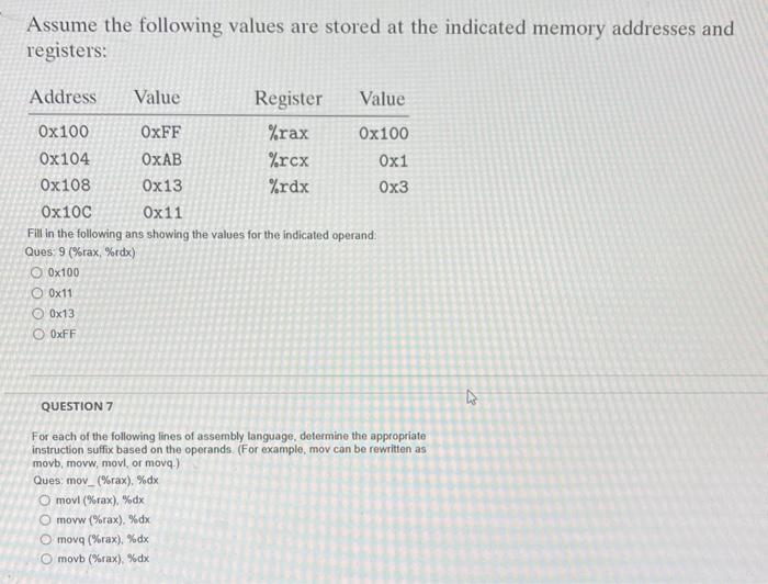 Solved Assume the following values are stored at the | Chegg.com