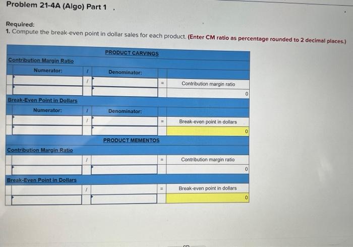 Solved Problem 21-4A (Algo) Break-even analysis, different | Chegg.com