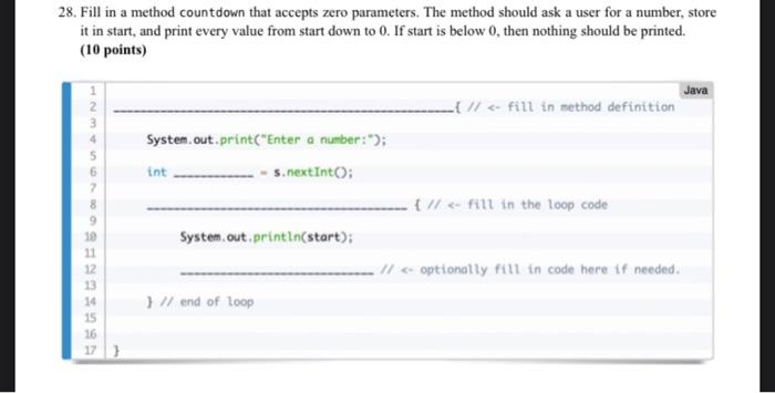Solved 28. Fill in a method countdown that accepts zero | Chegg.com