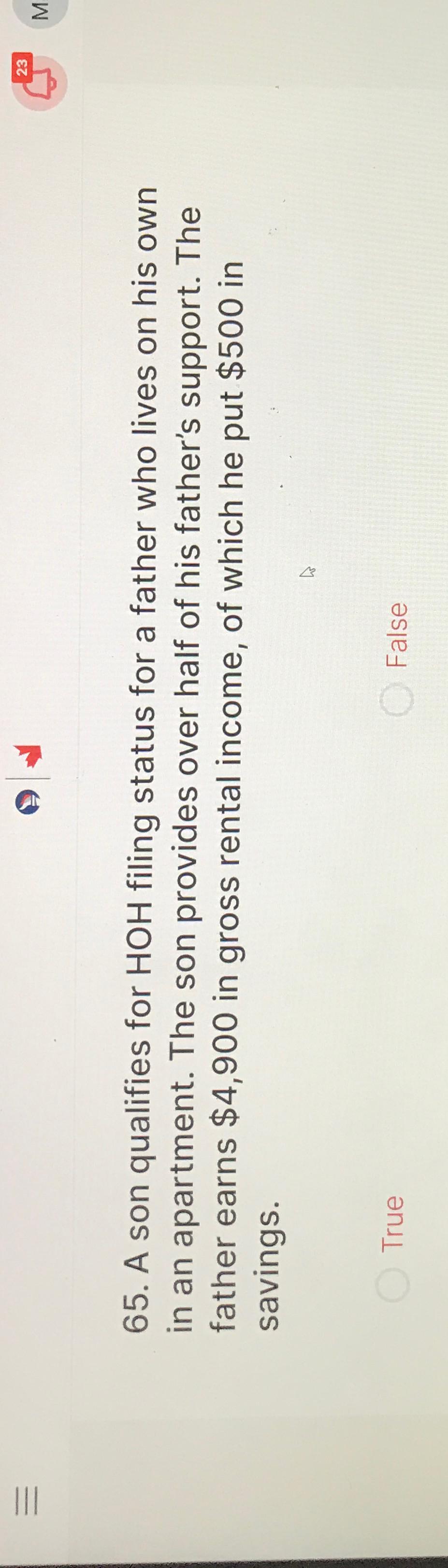 Solved A son qualifies for HOH filing status for a father | Chegg.com